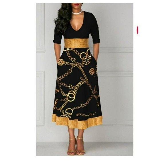 Rosewe | Dresses | Modest Black And Gold Chain Midi Dress With Pockets ...